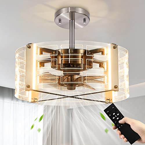 Eatich Caged Ceiling Fans with Lights and Remote,16.6'' Small Fandelier Ceiling Fan,3 Colors Dimmable LED 6 Speeds Adjustable Height Modern Bladeless Chandelier Ceiling Fan for Bedroom