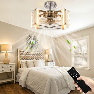 Eatich Caged Ceiling Fans with Lights and Remote,16.6'' Small Fandelier Ceiling Fan,3 Colors Dimmable LED 6 Speeds Adjustable Height Modern Bladeless Chandelier Ceiling Fan for Bedroom