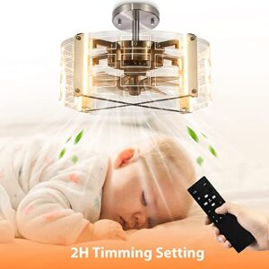 Eatich Caged Ceiling Fans with Lights and Remote,16.6'' Small Fandelier Ceiling Fan,3 Colors Dimmable LED 6 Speeds Adjustable Height Modern Bladeless Chandelier Ceiling Fan for Bedroom