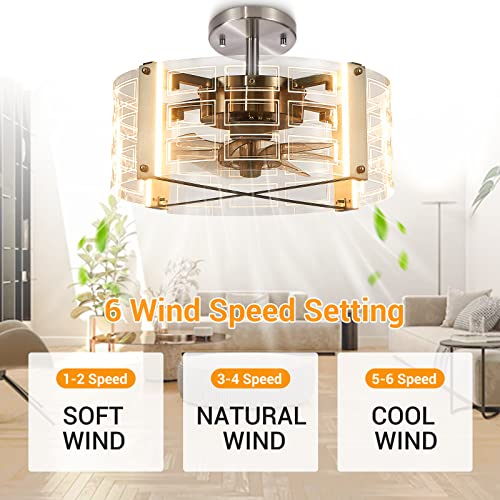 Eatich Caged Ceiling Fans with Lights and Remote,16.6'' Small Fandelier Ceiling Fan,3 Colors Dimmable LED 6 Speeds Adjustable Height Modern Bladeless Chandelier Ceiling Fan for Bedroom