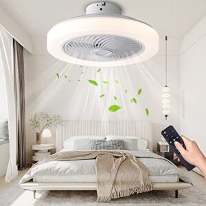 NFOD Modern Ceiling Fan with Lights,18in Smart Enclosed Bladeless Ceiling Fan and Remote Control,72W LED Flush Mount Low Profile Ceiling Fans,3 Colors Dimmable 3 Speeds 1/2 Timing