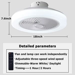 NFOD Modern Ceiling Fan with Lights,18in Smart Enclosed Bladeless Ceiling Fan and Remote Control,72W LED Flush Mount Low Profile Ceiling Fans,3 Colors Dimmable 3 Speeds 1/2 Timing