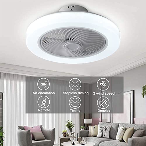 NFOD Modern Ceiling Fan with Lights,18in Smart Enclosed Bladeless Ceiling Fan and Remote Control,72W LED Flush Mount Low Profile Ceiling Fans,3 Colors Dimmable 3 Speeds 1/2 Timing