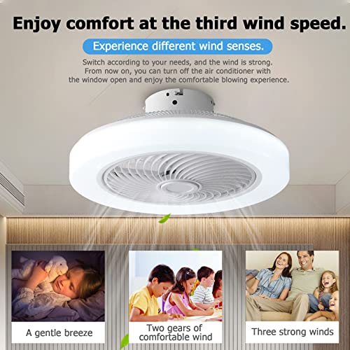 NFOD Modern Ceiling Fan with Lights,18in Smart Enclosed Bladeless Ceiling Fan and Remote Control,72W LED Flush Mount Low Profile Ceiling Fans,3 Colors Dimmable 3 Speeds 1/2 Timing