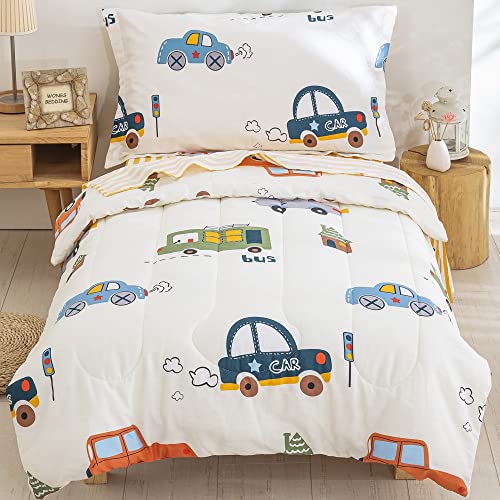 Cars Toddler Bedding Set Cotton Soft Reversible Crib Bedding Set for Boys Girls,4 Pieces Includes Comforter,Flat Sheet, Fitted Sheet and Pillowcase