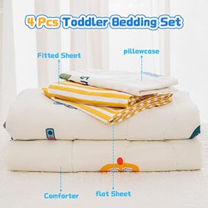 Cars Toddler Bedding Set Cotton Soft Reversible Crib Bedding Set for Boys Girls,4 Pieces Includes Comforter,Flat Sheet, Fitted Sheet and Pillowcase