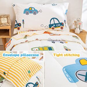 Cars Toddler Bedding Set Cotton Soft Reversible Crib Bedding Set for Boys Girls,4 Pieces Includes Comforter,Flat Sheet, Fitted Sheet and Pillowcase