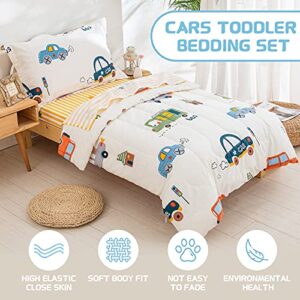 Cars Toddler Bedding Set Cotton Soft Reversible Crib Bedding Set for Boys Girls,4 Pieces Includes Comforter,Flat Sheet, Fitted Sheet and Pillowcase