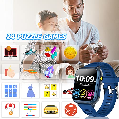 OVV Smart Game Watch for Kids, Kids Smart Watch with 16 Puzzle Games 1.44" HD Touch Screen Music Player Camera Video Recorder Alarm Clock Pedometer Educational Learning Toys Boys Girls (Blue)