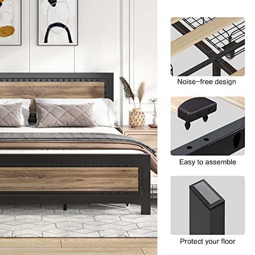 Keyluv King Size Bed Frame with 4 Storage Drawers, Rivet Modern Headboard and Footboard Platform Bed with Solid Wood Slats Support, No Box Spring Needed, Metal Frame Mattress Foundation Noise-Free