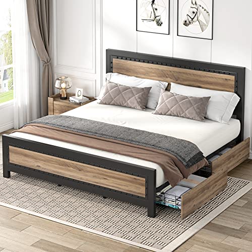 Keyluv King Size Bed Frame with 4 Storage Drawers, Rivet Modern Headboard and Footboard Platform Bed with Solid Wood Slats Support, No Box Spring Needed, Metal Frame Mattress Foundation Noise-Free