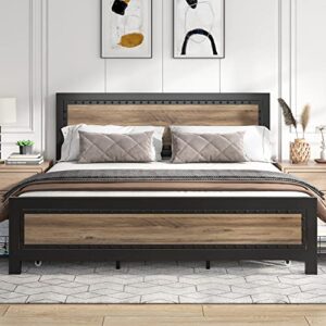 Keyluv King Size Bed Frame with 4 Storage Drawers, Rivet Modern Headboard and Footboard Platform Bed with Solid Wood Slats Support, No Box Spring Needed, Metal Frame Mattress Foundation Noise-Free