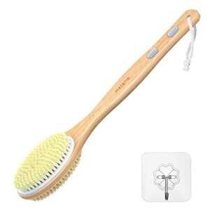 metene bamboo body brush with stiff and soft natural bristles, back scrubber for shower with long handle, dual-sided brush head for wet or dry brushing, exfoliating skin and clean the body easily