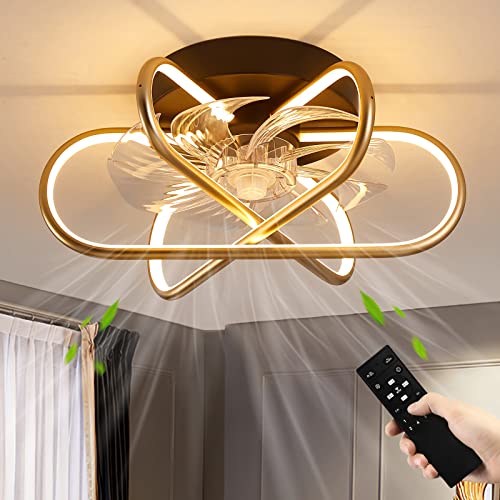 DADUL 16.5" Ceiling Fan with Lights Remote Control, Flush Mount Bladeless Ceiling Fan, 3 Color 6 Speeds Wind Low Profile Ceiling Fan with Light for Bedroom Living Room - Gold