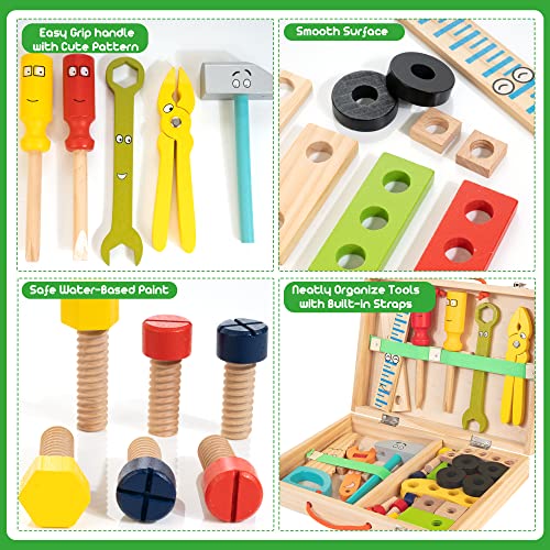 Bravmate Kids Tool Set, Pretend Play Toddler Wooden Tool Toys with Tool Box, Educational DIY STEM Toys for Boys and Girls Age 3, 4, 5 and Up (37 Pieces)