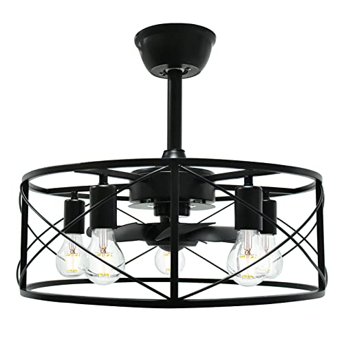 SUNEASY Ceiling Fans with Lights, Modern Caged Black Ceiling Fans with Lights and Remote，Flush Mount & Boom Mount Bladeless Ceiling Fan Light for Living Room Bedroom Kitchen