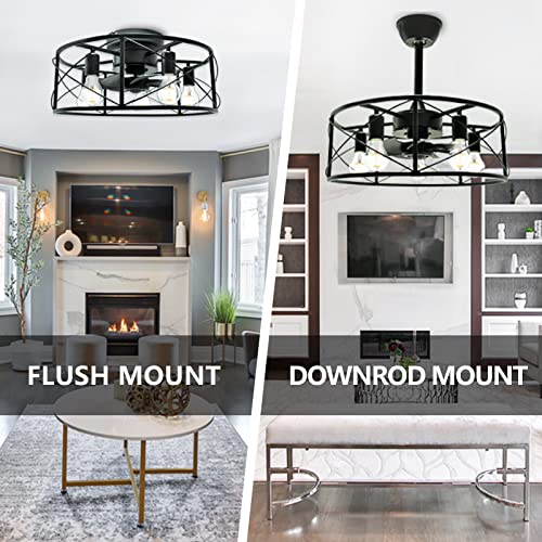 SUNEASY Ceiling Fans with Lights, Modern Caged Black Ceiling Fans with Lights and Remote，Flush Mount & Boom Mount Bladeless Ceiling Fan Light for Living Room Bedroom Kitchen