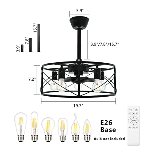 SUNEASY Ceiling Fans with Lights, Modern Caged Black Ceiling Fans with Lights and Remote，Flush Mount & Boom Mount Bladeless Ceiling Fan Light for Living Room Bedroom Kitchen