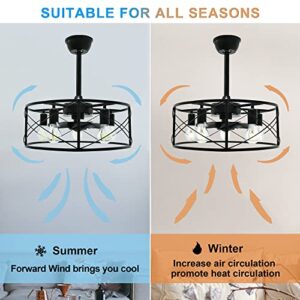 SUNEASY Ceiling Fans with Lights, Modern Caged Black Ceiling Fans with Lights and Remote，Flush Mount & Boom Mount Bladeless Ceiling Fan Light for Living Room Bedroom Kitchen