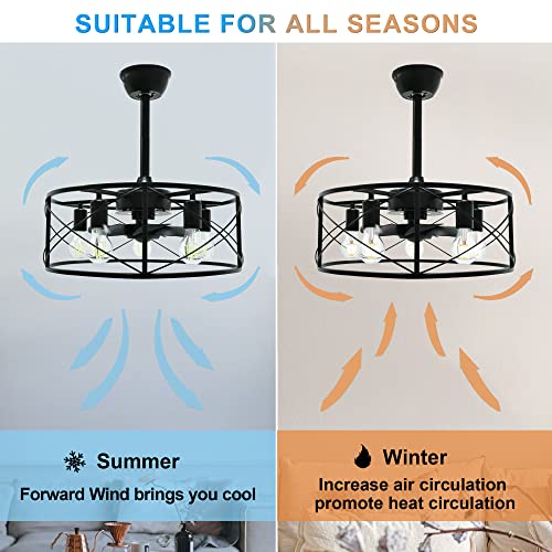 SUNEASY Ceiling Fans with Lights, Modern Caged Black Ceiling Fans with Lights and Remote，Flush Mount & Boom Mount Bladeless Ceiling Fan Light for Living Room Bedroom Kitchen