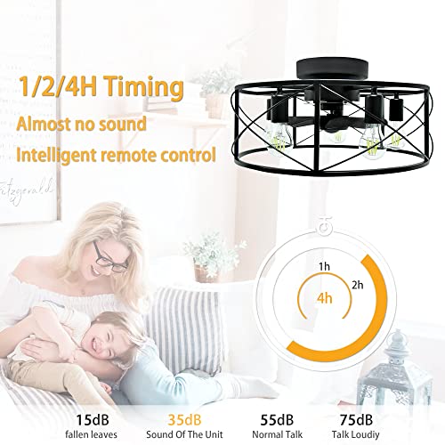 SUNEASY Ceiling Fans with Lights, Modern Caged Black Ceiling Fans with Lights and Remote，Flush Mount & Boom Mount Bladeless Ceiling Fan Light for Living Room Bedroom Kitchen