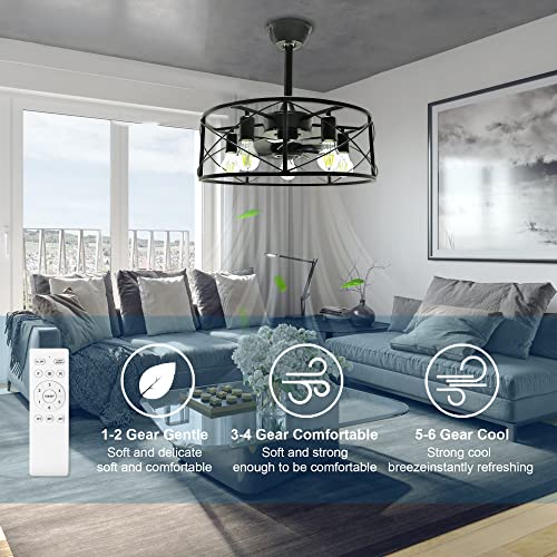 SUNEASY Ceiling Fans with Lights, Modern Caged Black Ceiling Fans with Lights and Remote，Flush Mount & Boom Mount Bladeless Ceiling Fan Light for Living Room Bedroom Kitchen