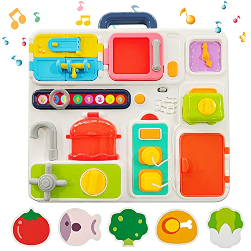 Kitchen Busy Board with Music and Lights, Toddler Travel Toys for Babies 18+ Months, Montessori Busy Board Educational Learning Activities Fine Motor Skills & Kitchen Cognition Game Board