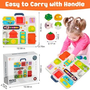 Kitchen Busy Board with Music and Lights, Toddler Travel Toys for Babies 18+ Months, Montessori Busy Board Educational Learning Activities Fine Motor Skills & Kitchen Cognition Game Board