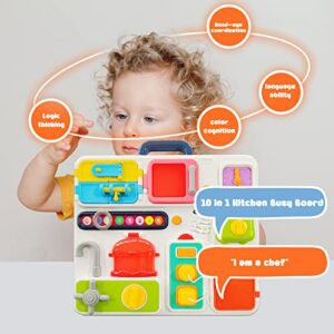 Kitchen Busy Board with Music and Lights, Toddler Travel Toys for Babies 18+ Months, Montessori Busy Board Educational Learning Activities Fine Motor Skills & Kitchen Cognition Game Board