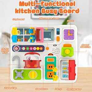 Kitchen Busy Board with Music and Lights, Toddler Travel Toys for Babies 18+ Months, Montessori Busy Board Educational Learning Activities Fine Motor Skills & Kitchen Cognition Game Board