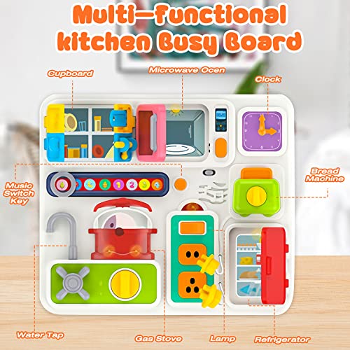 Kitchen Busy Board with Music and Lights, Toddler Travel Toys for Babies 18+ Months, Montessori Busy Board Educational Learning Activities Fine Motor Skills & Kitchen Cognition Game Board