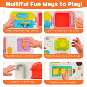 Kitchen Busy Board with Music and Lights, Toddler Travel Toys for Babies 18+ Months, Montessori Busy Board Educational Learning Activities Fine Motor Skills & Kitchen Cognition Game Board