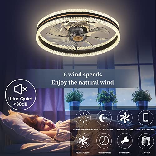 Fszdorj 2023 Upgraded Ceiling Fan F101 Black Ceiling Fans with Lights App & Remote Control, Timing & 3 Led Color Led Ceiling Fan, 6 Wind Speeds Modern Ceiling Fan for Bedroom, Living Room, Small Room