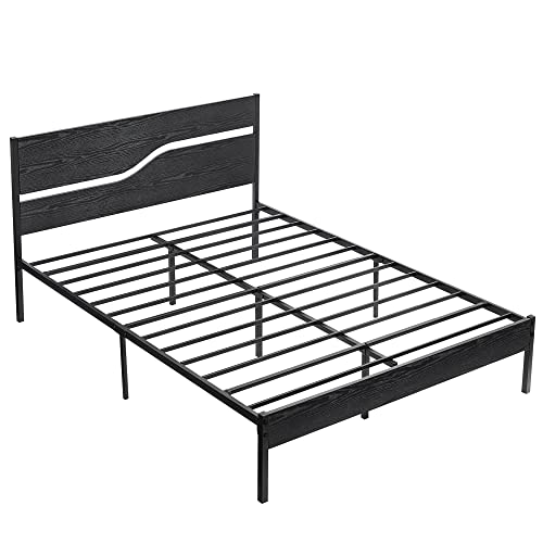 VECELO Platform Bed Frame Queen Size with Black Wood Headboard, Strong Metal Slats Support Mattress Foundation, No Box Spring Needed