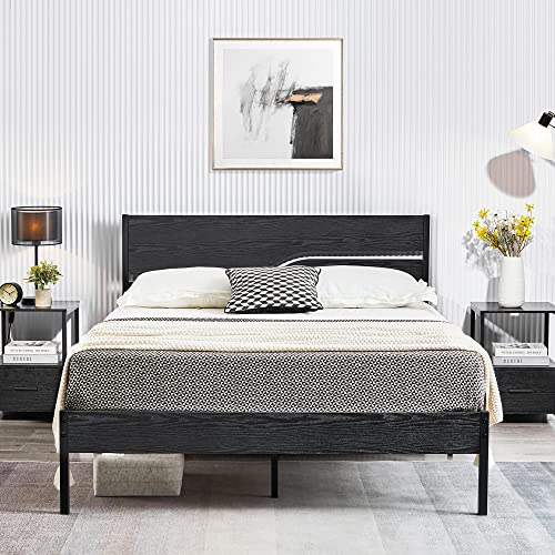 VECELO Platform Bed Frame Queen Size with Black Wood Headboard, Strong Metal Slats Support Mattress Foundation, No Box Spring Needed