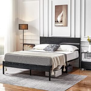 VECELO Platform Bed Frame Queen Size with Black Wood Headboard, Strong Metal Slats Support Mattress Foundation, No Box Spring Needed