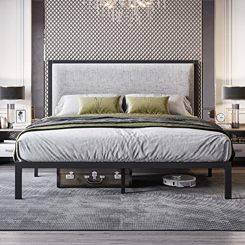 Allewie Queen Size Platform Bed Frame with Upholstered Headboard, Metal Structure, Wood Slat Support, Mattress Foundation - No Box Spring Needed - Grey