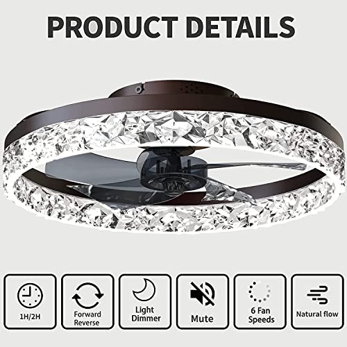 PSHRFANST 19.7" Ceiling Fan with Lights, Dimmable LED 6 Speeds Reversible Blades Timing with Remote Control, Semi Flush Mount Low Profile Fan, Brown