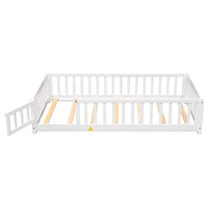 Twin Floor Bed for Kids, Montessori Bed Frame with Fence-Shaped Guardrails, Support Slats and Door, Wood Floor Twin Bed for Kids,Toddler,Boys Girls, No Box Spring Needed(White, Twin Bed Frame)