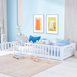 twin floor bed for kids, montessori bed frame with fence-shaped guardrails, support slats and door, wood floor twin bed for kids,toddler,boys girls, no box spring needed(white, twin bed frame)