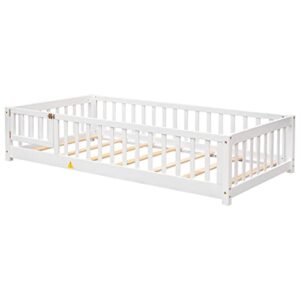 Twin Floor Bed for Kids, Montessori Bed Frame with Fence-Shaped Guardrails, Support Slats and Door, Wood Floor Twin Bed for Kids,Toddler,Boys Girls, No Box Spring Needed(White, Twin Bed Frame)