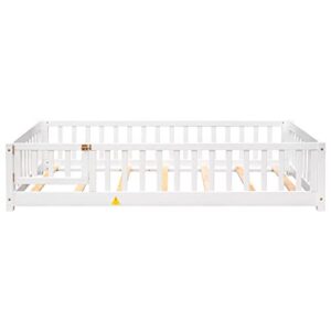 Twin Floor Bed for Kids, Montessori Bed Frame with Fence-Shaped Guardrails, Support Slats and Door, Wood Floor Twin Bed for Kids,Toddler,Boys Girls, No Box Spring Needed(White, Twin Bed Frame)