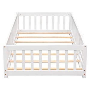 Twin Floor Bed for Kids, Montessori Bed Frame with Fence-Shaped Guardrails, Support Slats and Door, Wood Floor Twin Bed for Kids,Toddler,Boys Girls, No Box Spring Needed(White, Twin Bed Frame)