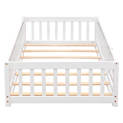 Twin Floor Bed for Kids, Montessori Bed Frame with Fence-Shaped Guardrails, Support Slats and Door, Wood Floor Twin Bed for Kids,Toddler,Boys Girls, No Box Spring Needed(White, Twin Bed Frame)