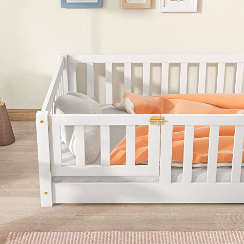 Twin Floor Bed for Kids, Montessori Bed Frame with Fence-Shaped Guardrails, Support Slats and Door, Wood Floor Twin Bed for Kids,Toddler,Boys Girls, No Box Spring Needed(White, Twin Bed Frame)