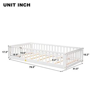 Twin Floor Bed for Kids, Montessori Bed Frame with Fence-Shaped Guardrails, Support Slats and Door, Wood Floor Twin Bed for Kids,Toddler,Boys Girls, No Box Spring Needed(White, Twin Bed Frame)