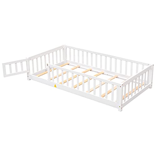 Twin Floor Bed for Kids, Montessori Bed Frame with Fence-Shaped Guardrails, Support Slats and Door, Wood Floor Twin Bed for Kids,Toddler,Boys Girls, No Box Spring Needed(White, Twin Bed Frame)