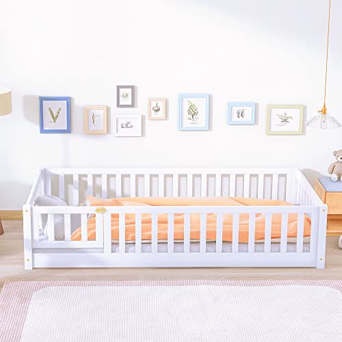 Twin Floor Bed for Kids, Montessori Bed Frame with Fence-Shaped Guardrails, Support Slats and Door, Wood Floor Twin Bed for Kids,Toddler,Boys Girls, No Box Spring Needed(White, Twin Bed Frame)