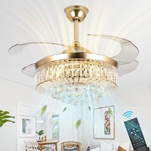 wwahuayuan 42" ceiling fans with lights,reversible modern crystal ceiling fans light with remote control,3 color changeable, 3 speed, 4 retractable abs blades for living room dining room decoration