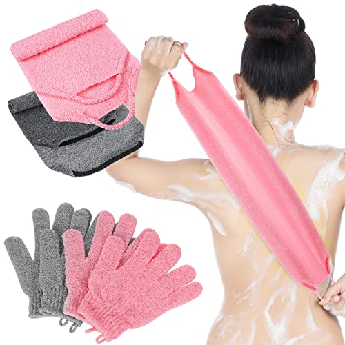 4 Pack Exfoliating Shower Bath Gloves Back Scrubber Set, 2 Exfoliating Body Scrubber Nylon Back Washer, 2 Pairs Scrub Gloves for Women Men Children Skin Pull Strap Washcloth (Pink, Gray)